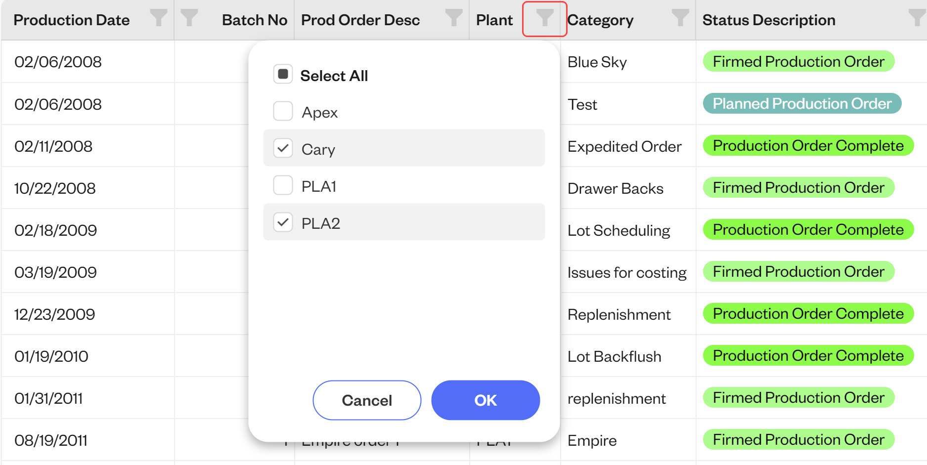 Filter from a column header – Insight